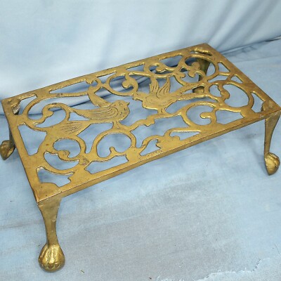 Vintage Brass Fireside Kettle Rest Trivet Pan Fireplace Birds Ball Claw ...