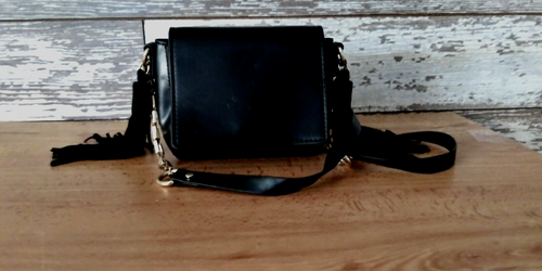 New ZARA Basic Connection Black small Leather X Body purse bag tassels ...