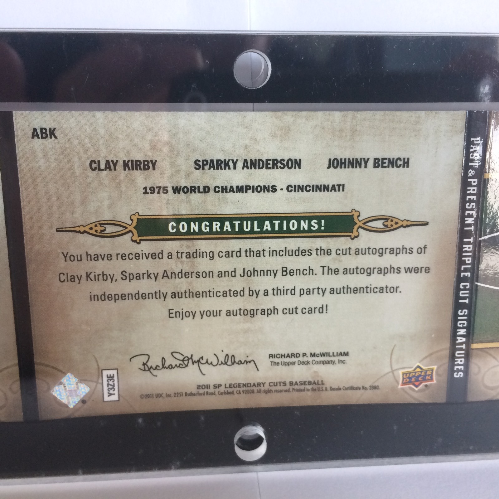 2011 SP LEGENDARY CUTS CLARY KIRBY/SPARKY ANDERSON/JOHNNY BENCH CUTS ...