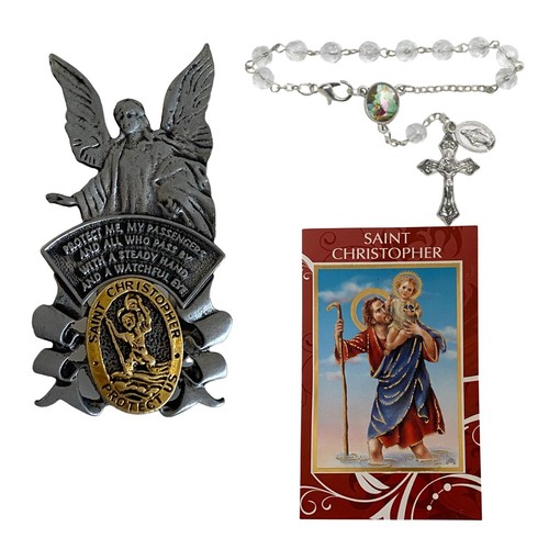 Guardian Angel St. Christopher Visor Clip and Decade Rosary Set in Gift ...