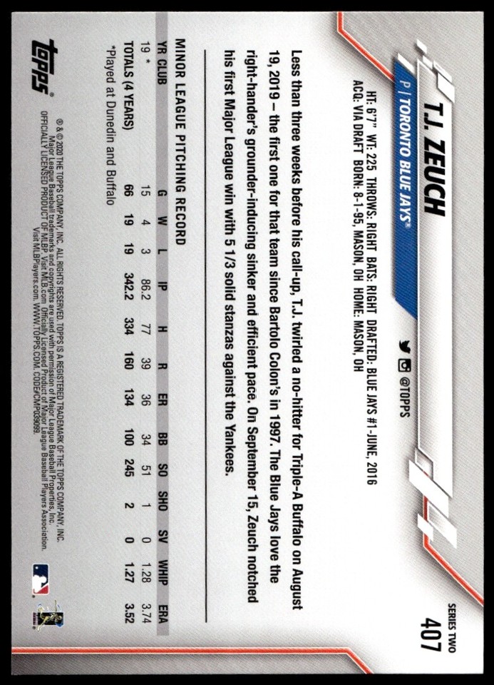 2020 Topps #407 T.J. Zeuch NM/MT | eBay