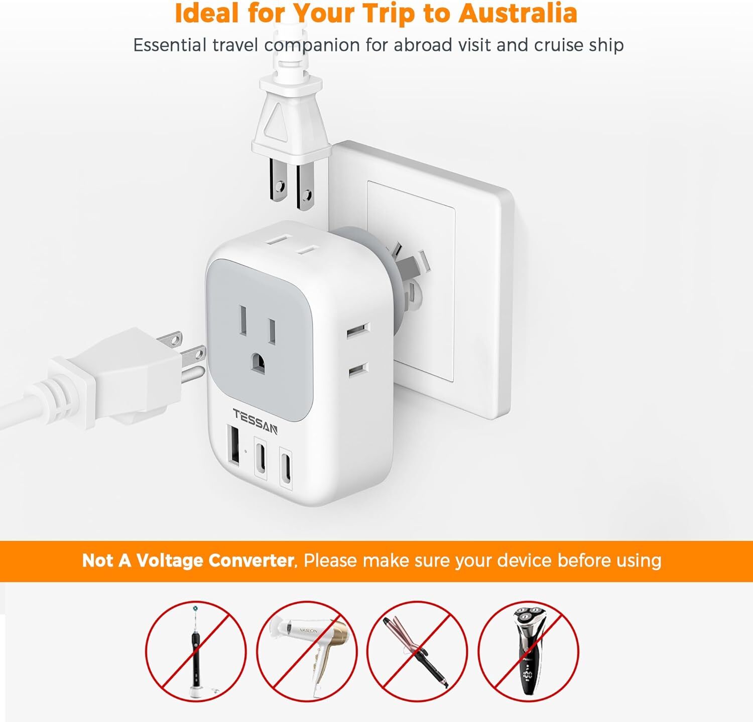 Australia New Zealand Power Adapter Type I Plug 4 Outlets 3 USB (2 USB ...