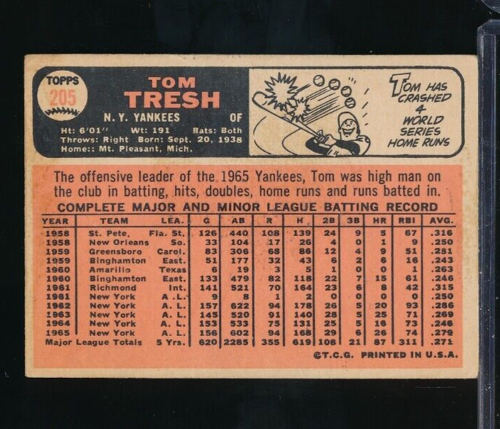 1966 Topps #205 TOM TRESH signed auto autograph clean blue sig centered ...