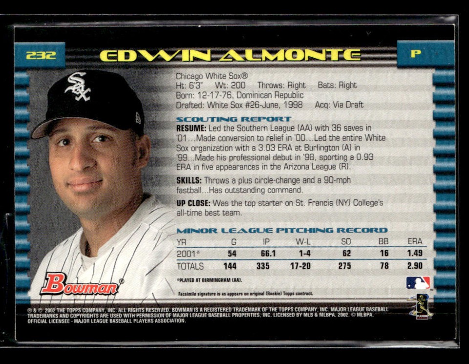 Edwin Almonte signed auto 2002 Bowman #232 card Chicago White Sox | eBay