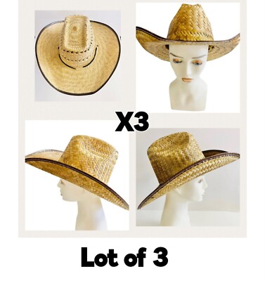 3x Lot Mexican Palm Leaf Straw COWBOY Wide Brim Hat Sombrero Vaquero De ...