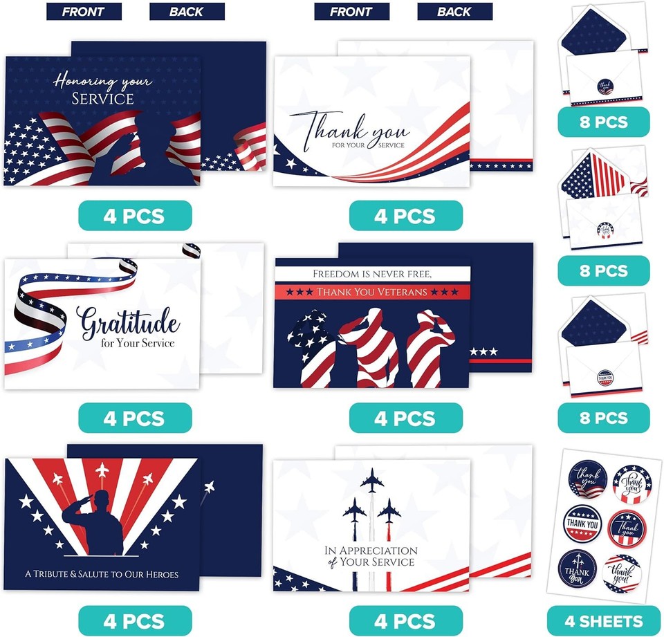 24 Pack Veterans Day Cards with Envelopes & Stickers 6 Designs with ...