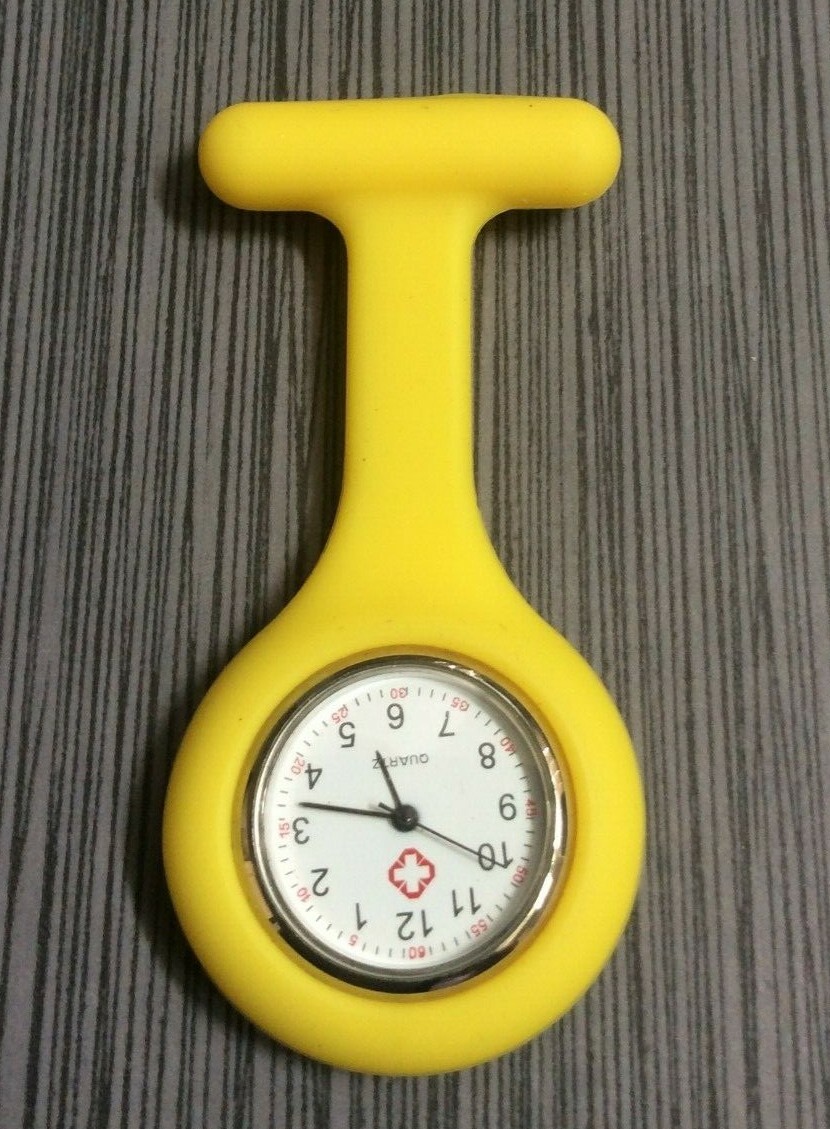Nurses Watch Pin Round White Dial Easy to Read in Yellow Silicone Case ...