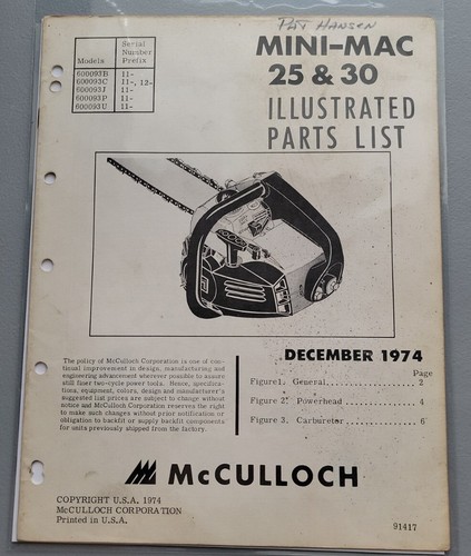 1974 Original McCulloch Power Mini Mac 25 & 30 Chainsaw Illustrated ...