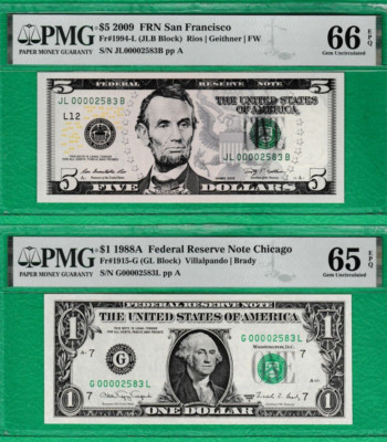 MATCHING 00002583 $5 & $ 1 Federal Reserve LOW SERIAL NUMBERS TWO NOTES ...