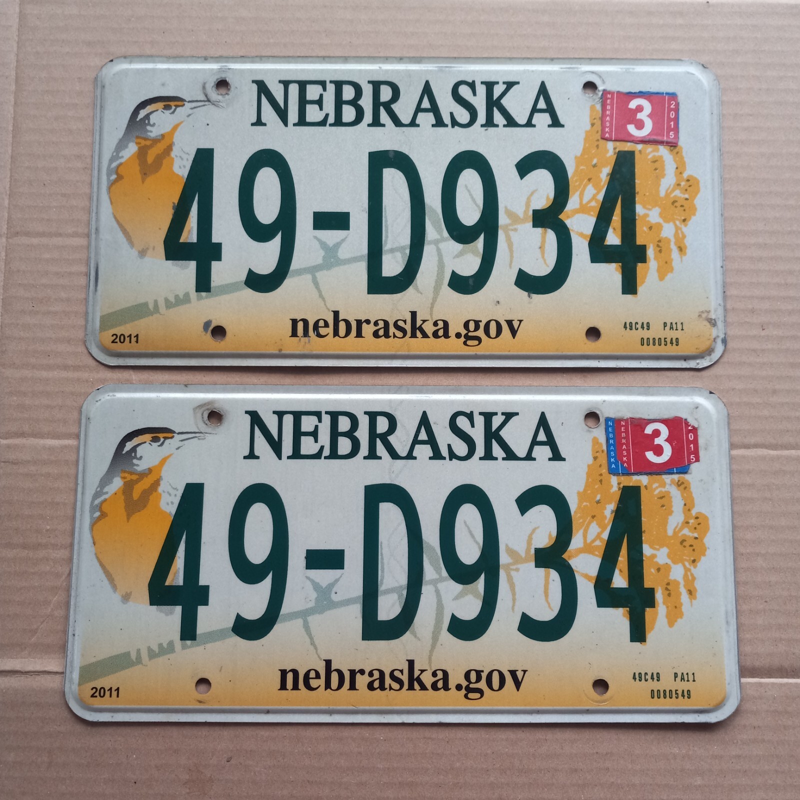 PAIR 2011 Nebraska License Plates - "49-D934" meadowlark 3 2015 Sticker ...