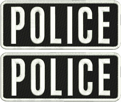 POLICE EMBROIDERY PATCH 4X11 HOOK ON BACK WHITE ON BLACK 2 PATCHES SET ...