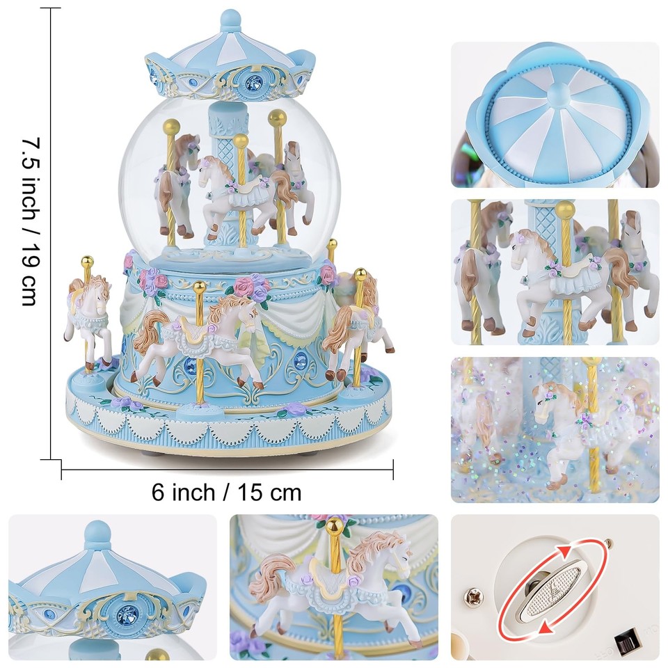 Mr.Winder Carousel Music Box Snow Globe Unicorn, Wind Up Musical Boxes ...