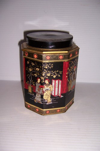 VINTAGE ORIENTAL ASIAN TIN CAN CONTAINER WITH LID 6 1/8" TALL X 4 5/8 ...