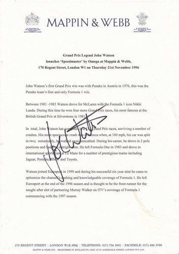 JOHN WATSON SIGNED AUTOGRAPH SIGNATURE MAPPIN OMEGA SPEEDMASTER LAUNCH ...