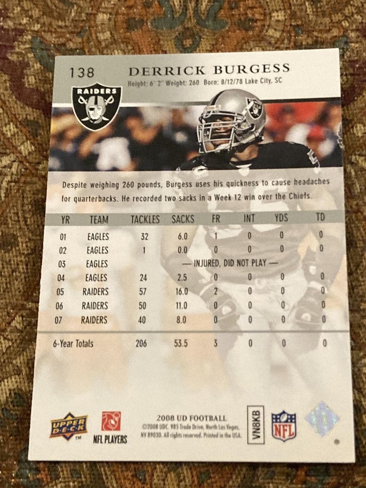 2008 Upper Deck #138 Derrick Burgess | eBay