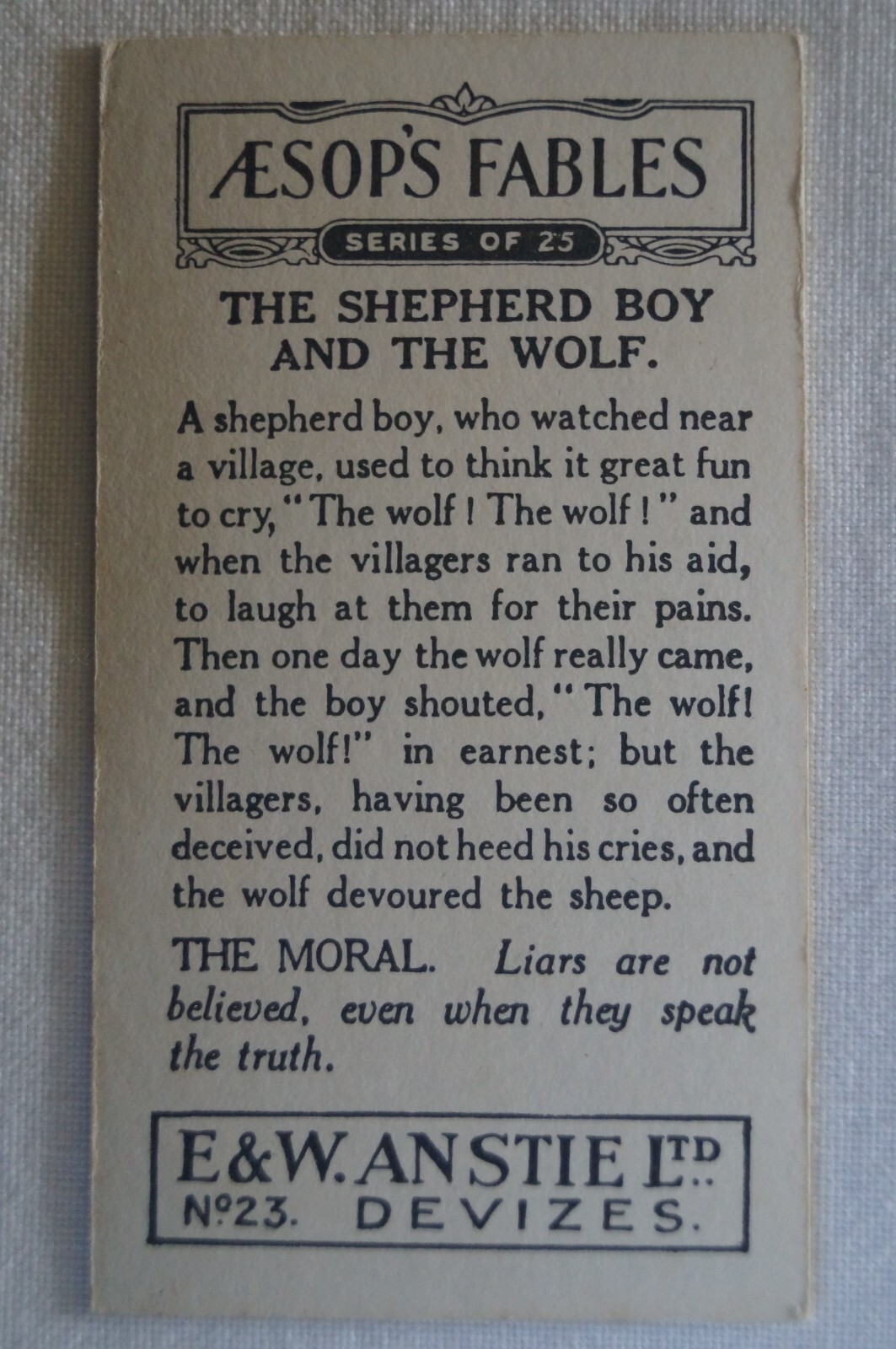 Aesops Fables Vintage 1934 Pre WWII E & W Anstie Card Shepherd Boy ...