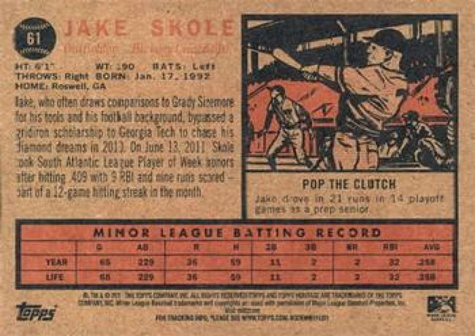 2011 Topps Heritage Minor League #61 Jake Skole (Prospect / Rookie Card ...
