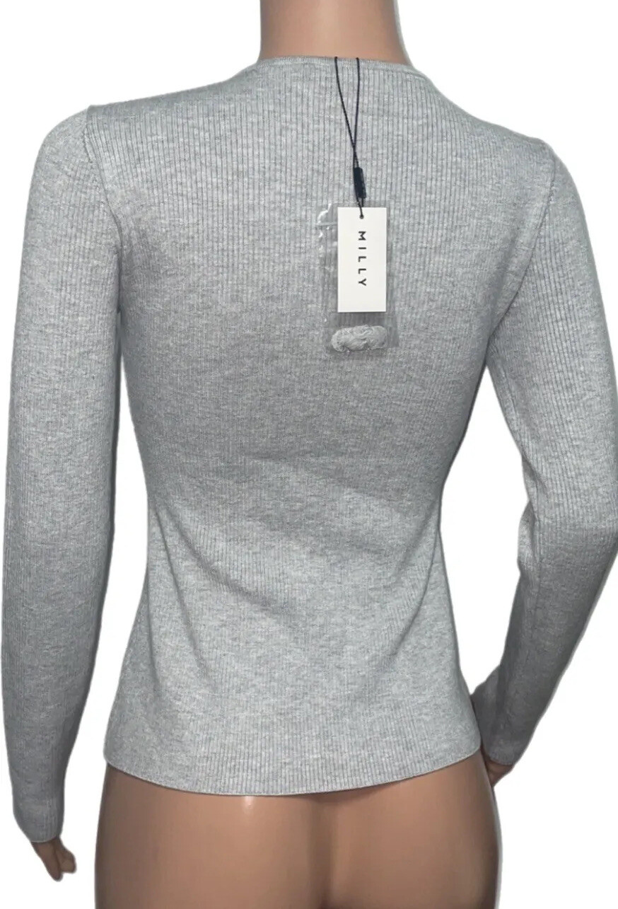 Milly Brand Heather Grey twist v/n l/s sweater top Nwts P Ribbed $325. ...