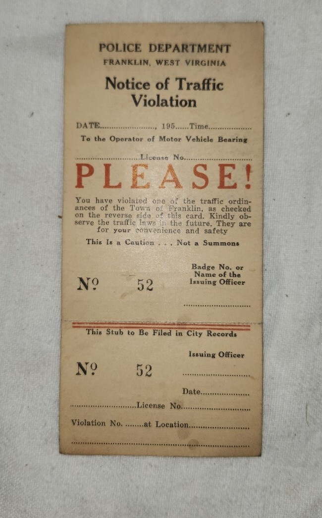 Rare Vintage Unused Police Traffic Violation Ticket Franklin West ...