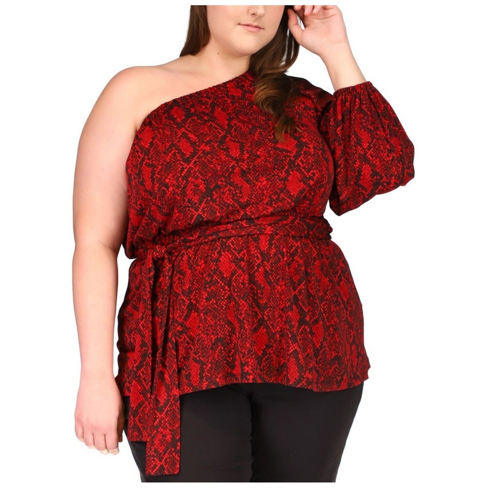 Michael Kors One Shoulder Peplum Blouse Snake Print Red & Black Ribbon ...