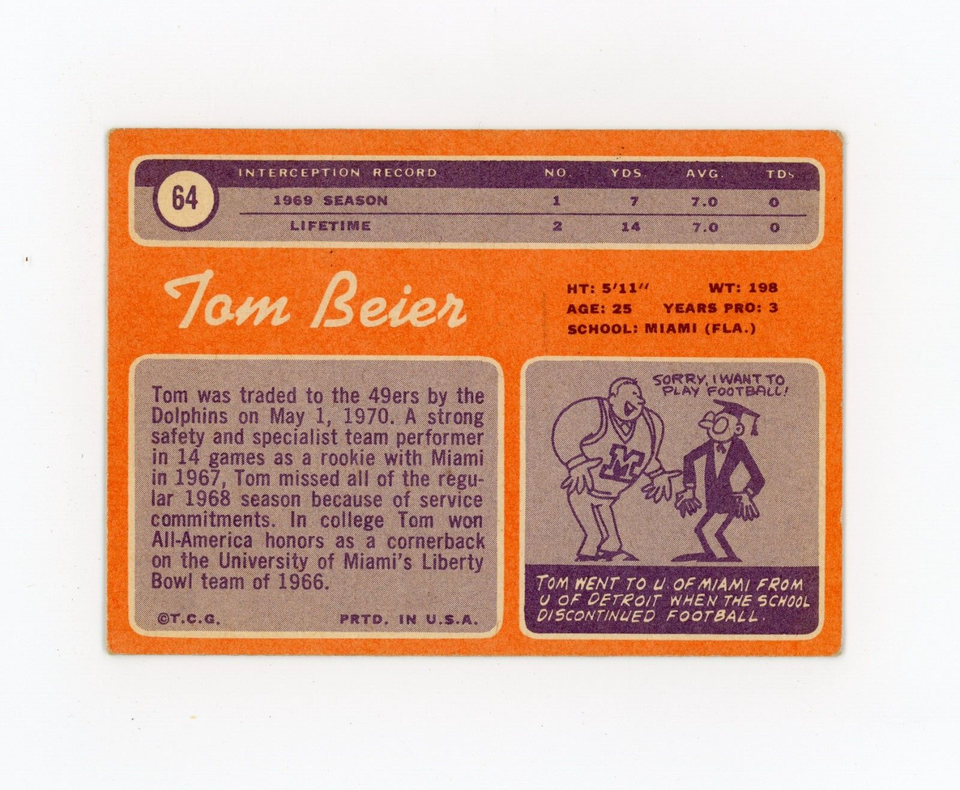 TOM BEIER 1970 Topps #64 San Francisco 49ers | eBay