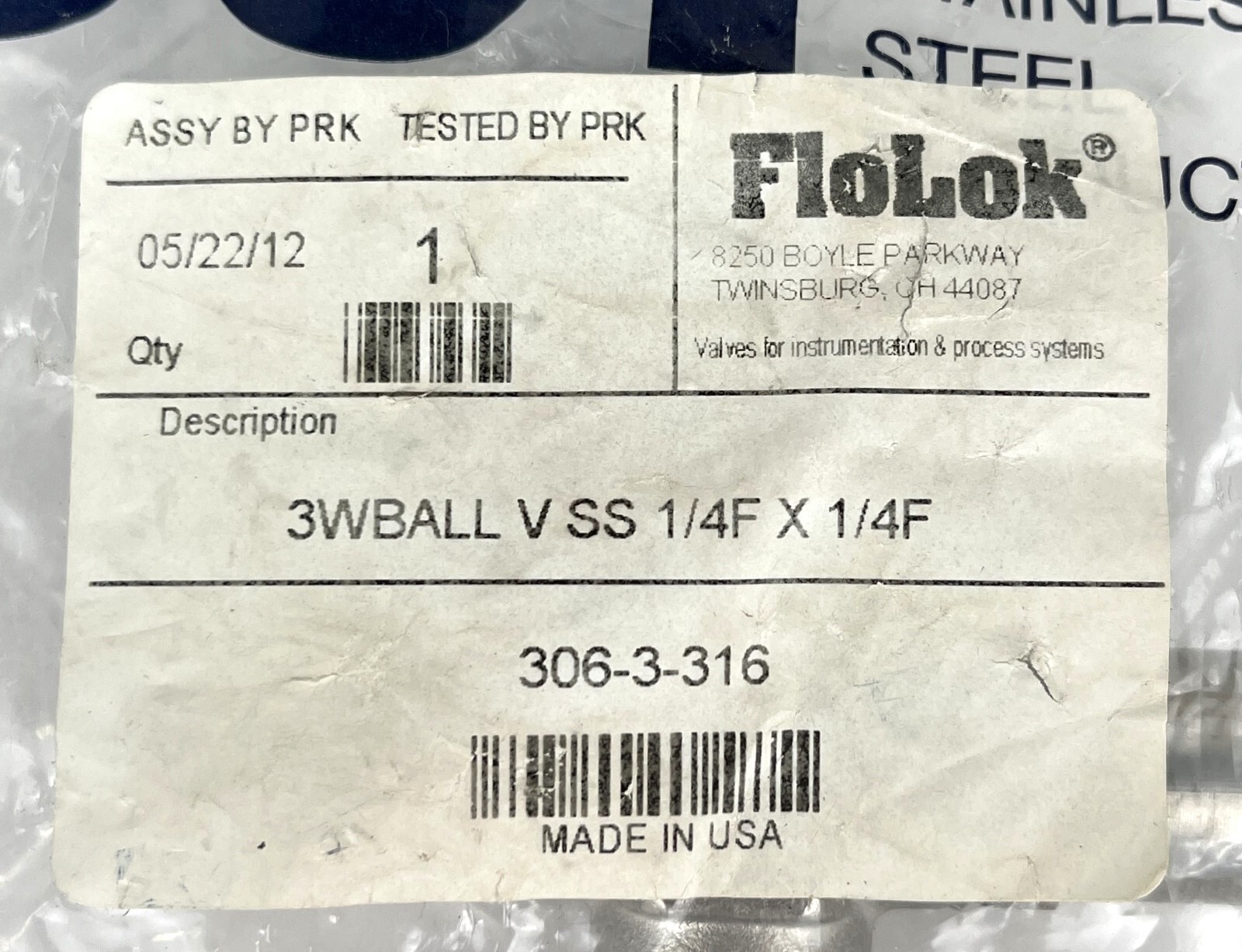 SSP FLOLOK, 306-3-316, 1/4"FNPT, SST, 3-WAY BALL VALVE, 1500 PSI ...