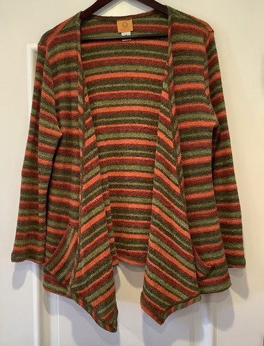Ruby Rd Cardigan Sweater Size Medium Open Front Orange Green Striped ...