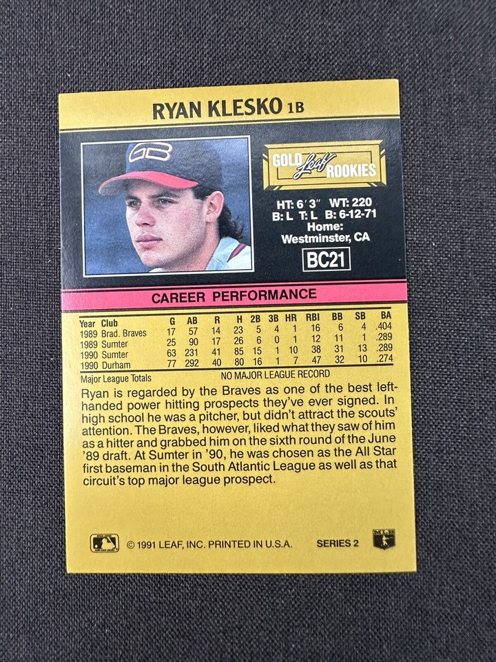 1991 - Leaf - Ryan Klesko Rookie Card - Gold Rookies #BC21 - Atlanta ...