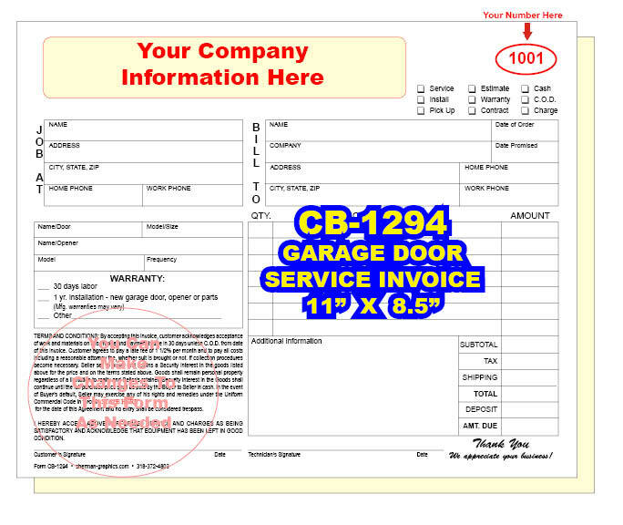 GARAGE DOOR SERVICE INVOICE CUSTOM PRINTED 2 or 3 Part Carbonless | eBay