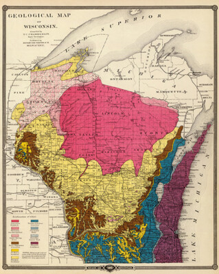 Geological Map Of Wisconsin - Granite, Limestone, Sandstone - 1878 ...