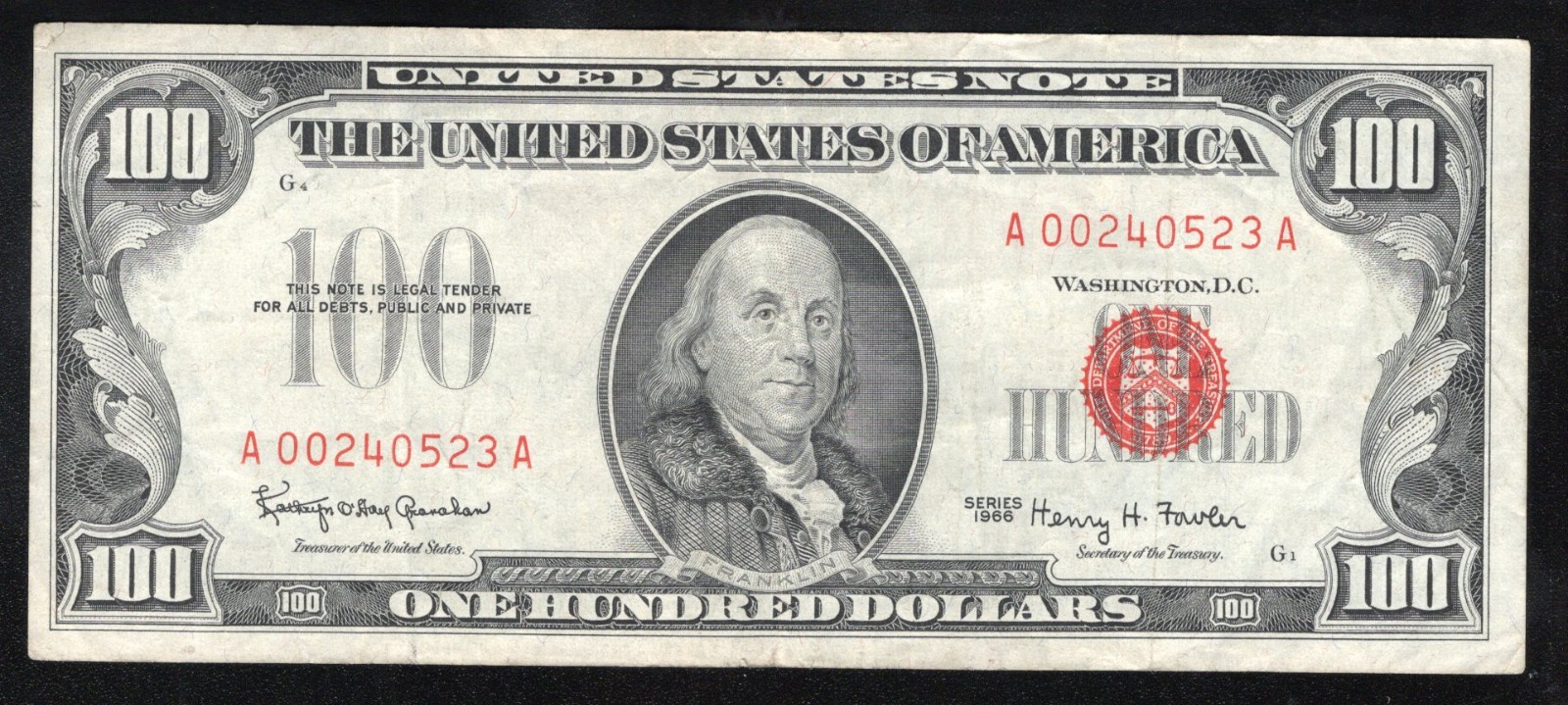 1966 $100 LEGAL TENDER "RED SEAL" ONE HUNDRED DOLLAR BILL Fr 1550 40523 | eBay