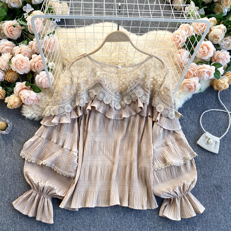 Ruffle Lace Women Shirt Tops Puff Sleeve Mesh Splice Chiffon Blouse ...