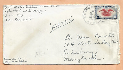 WORLD WAR II MILITARY MAIL APO 913 1944 142nd GEN HOSP CENSORED FIJI | eBay