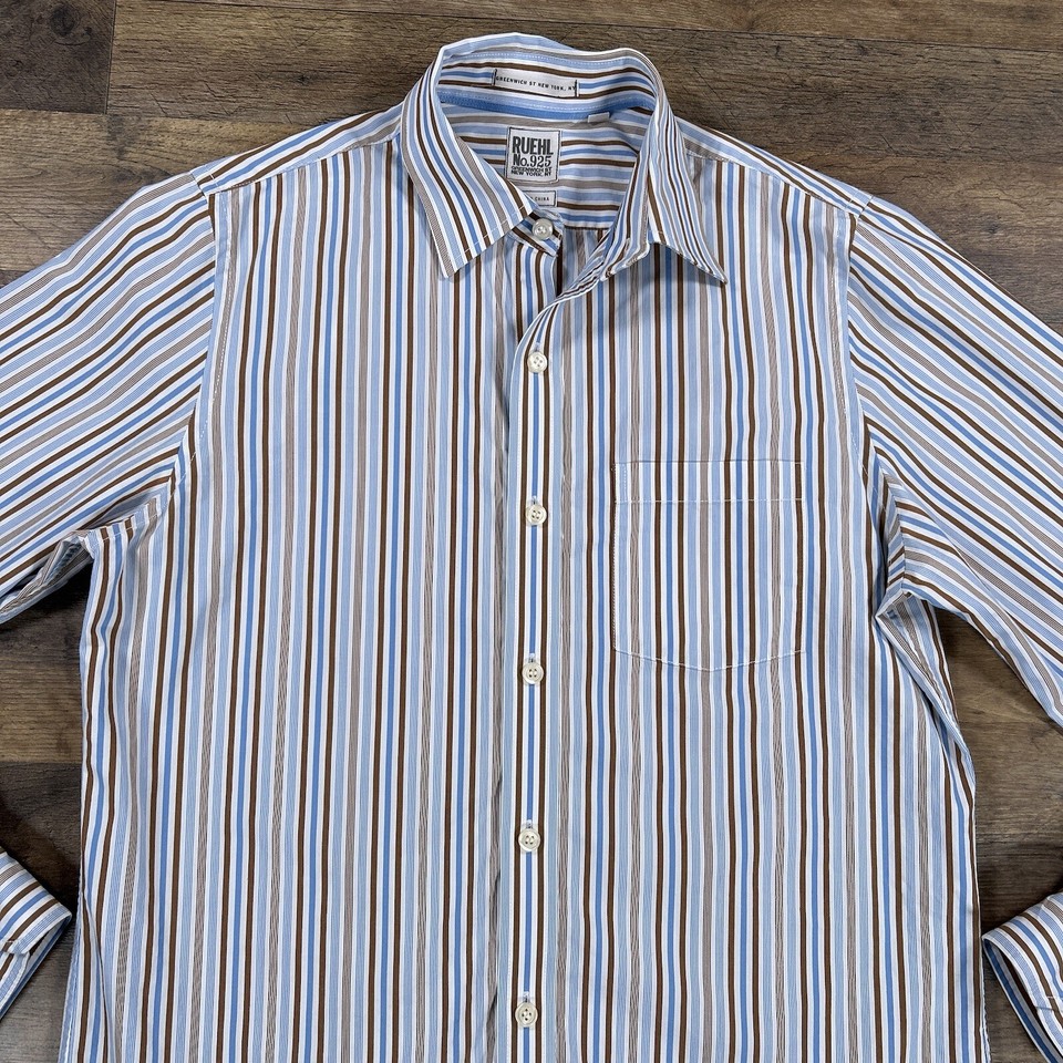 Ruehl No 925 Shirt Mens Large Blue Striped Long Sleeve Button Up Dress ...