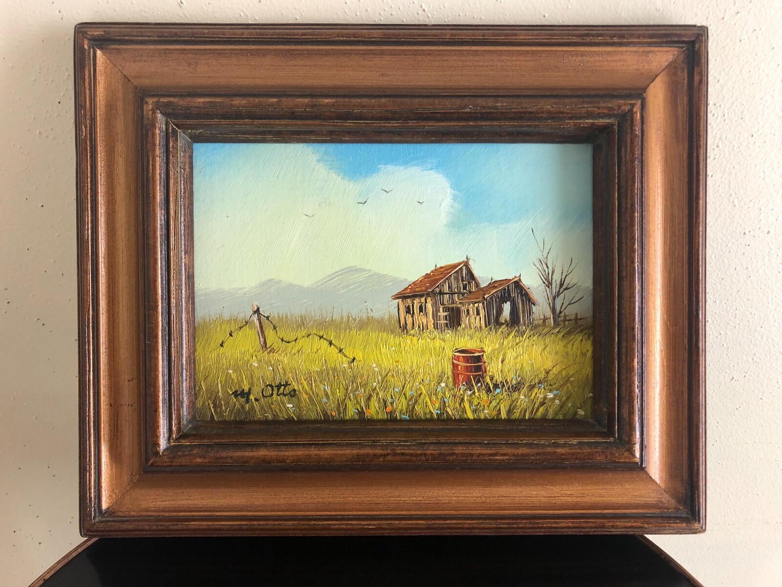 SIGNED M.Otto Barn Western MidCentury Original Small Mountain Painting ...
