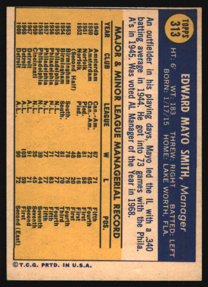 1970 Topps #313 Mayo Smith EXMT+ Tigers Manager 569649 | eBay