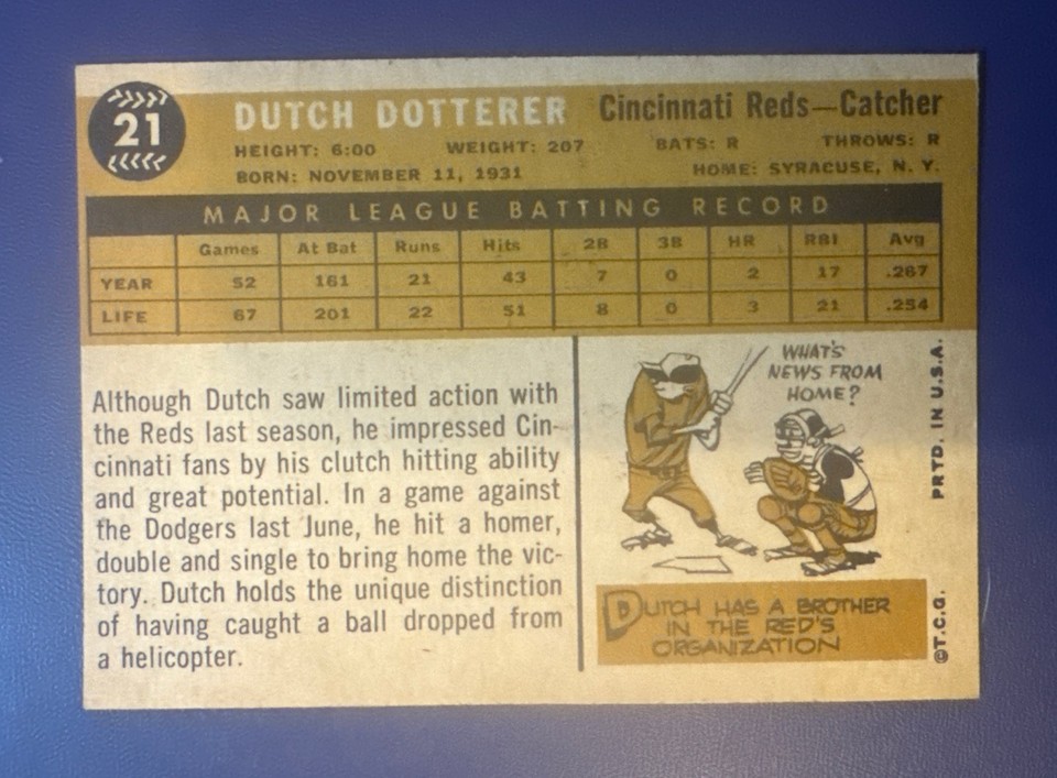 1960 TOPPS #21 DUTCH DOTTERER CINCINNATI REDS CATCHER *FREE SHIPPING ...