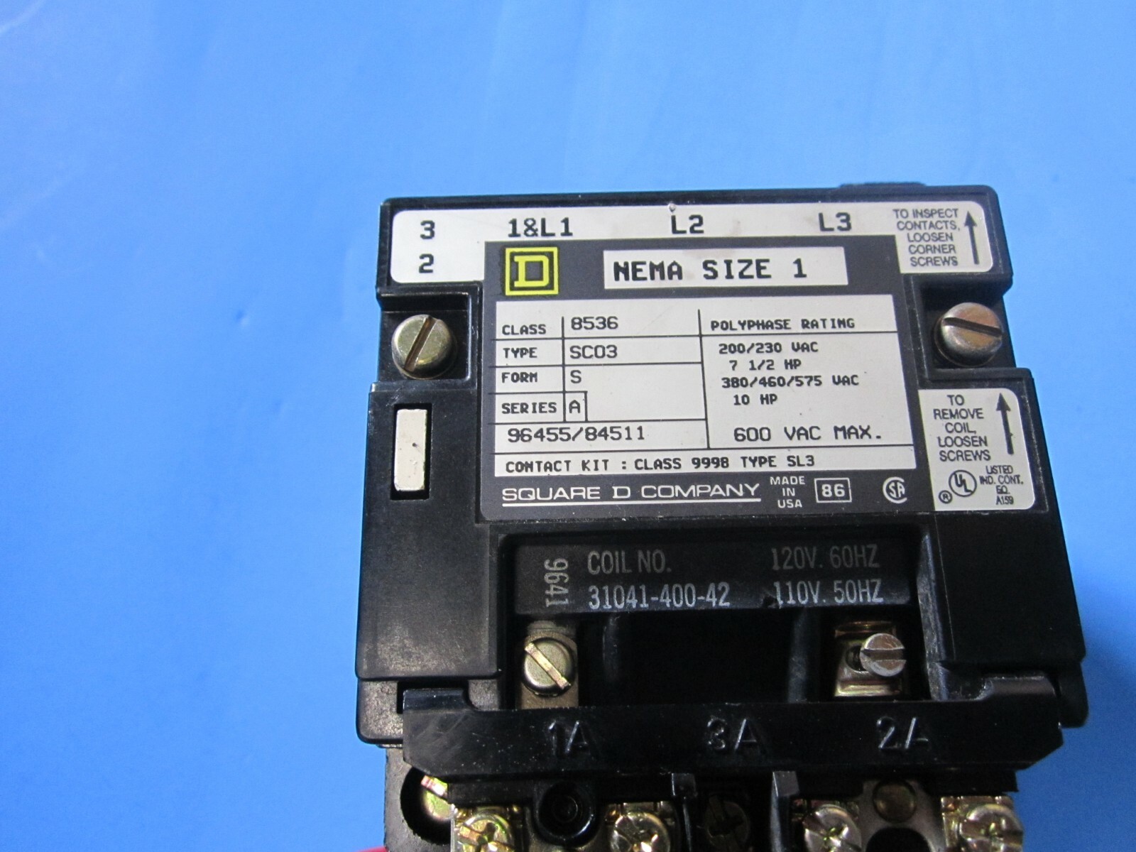 Square D Nema Size 1 Starter 8536SC03 Series A 120 Volt Coil 8536 SCO3 ...