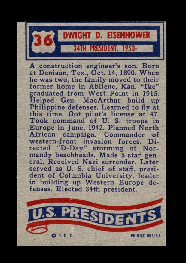 1952 Topps US Presidents Set-Break # 36 Dwight D.Eisenhower EX-EXMINT ...