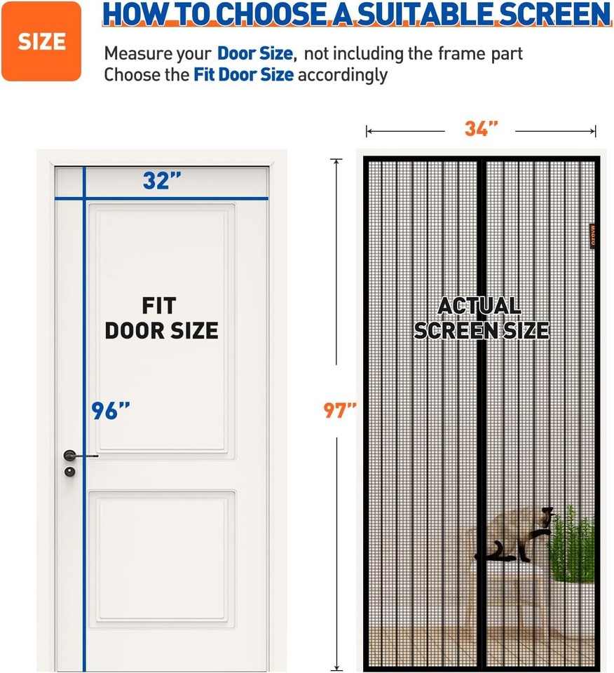 MAGZO Magnetic Screen Door with Full Strip Fit Size 32×96 Inches, Black ...