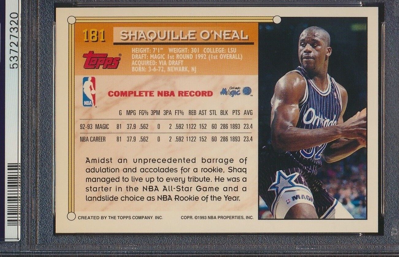1993 TOPPS GOLD SHAQ SHAQUILLE O'NEAL CARD PSA 9 MINT #181 | eBay