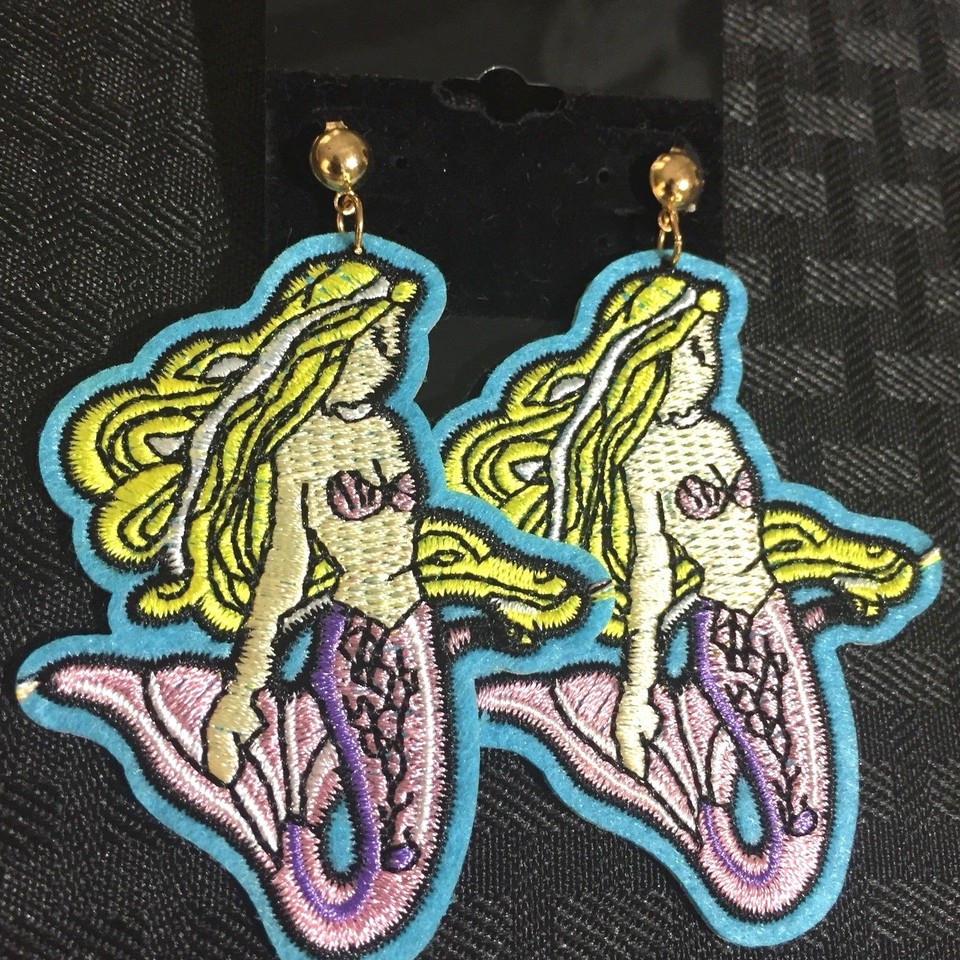 Mermaid Earrings Dangle Embroidered 2.75 in Pierced Gold Tone with ...