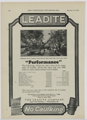 1929 Leadite Co. Ad: Indianapolis Water Co. Laying Water Mains in City ...