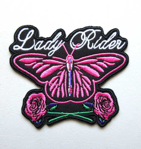 LADY RIDER BIKERS MOTORCYCLE RIDERS PINK BUTTERFLY ROSES IRON ON PATCH ...