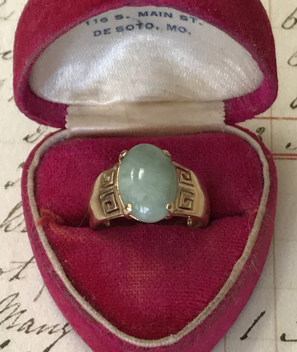 14K Imperial Jade Greek Key Design Ring Hallmarked - Gem