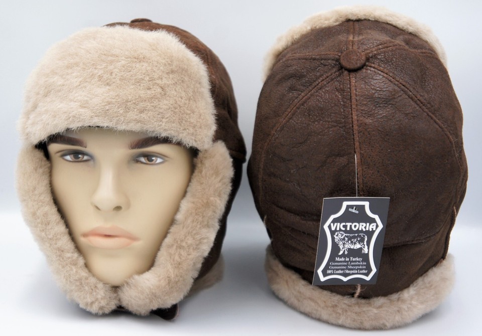 100% Sheepskin Shearling Leather Hat Trapper Ushanka Hunting M-3XL ...