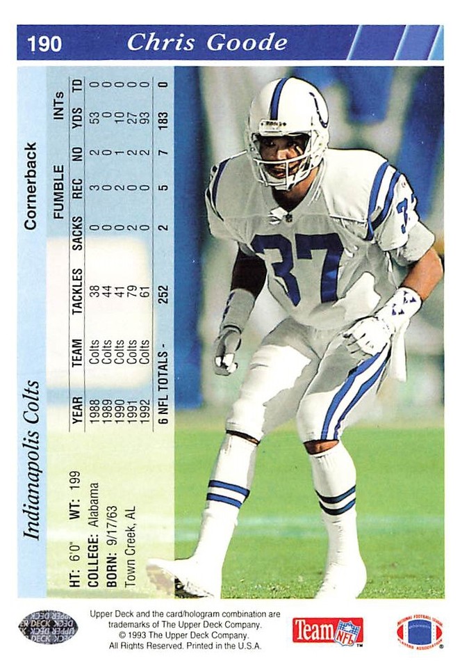 1993 Upper Deck #190 Chris Goode Indianapolis Colts | eBay