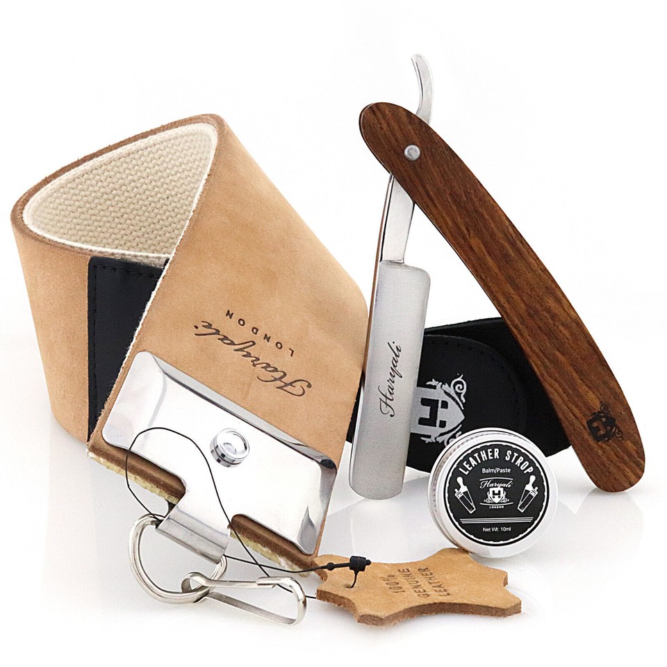 Wooden Straight Cut Throat Shaving Razor Kit Barber Salon Leather Strop ...