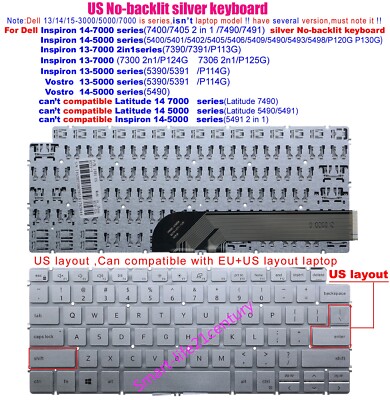 silver No-Backlit Keyboard for Dell Inspiron 13-5390 7391 14-5490 5498 ...