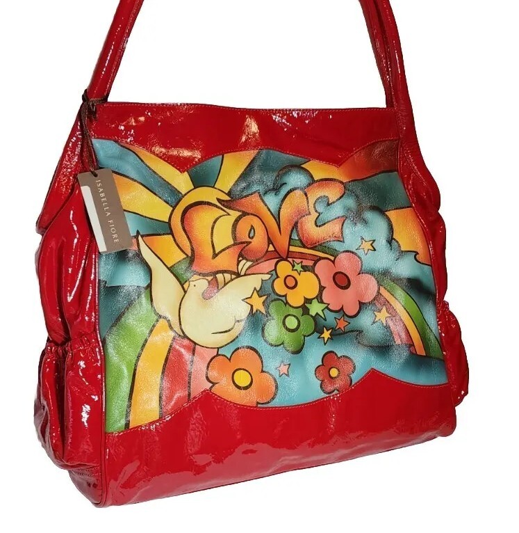 RARE ISABELLA FIORE RED TATTOO DOVE RAINBOW TRAVEL XLG HOBO SHOULDERBAG ...